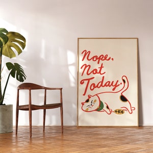 Lazy Lucky Cat Maneki Neko Illustrated Wall Art, Printable, Modern ...