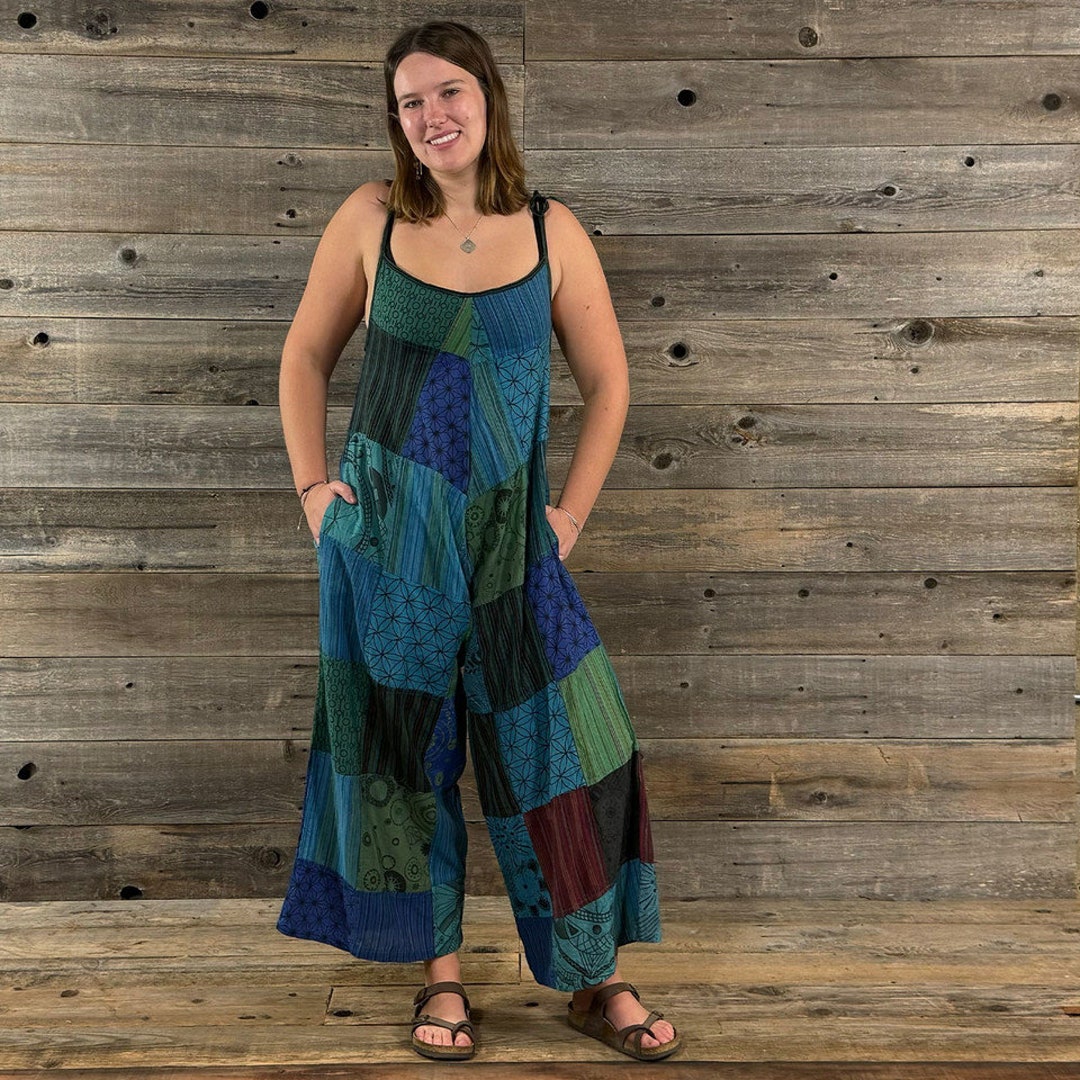 Boho Hippie Cotton Stripe W/ Print Combo Patchwork String Jumpsuit - Etsy