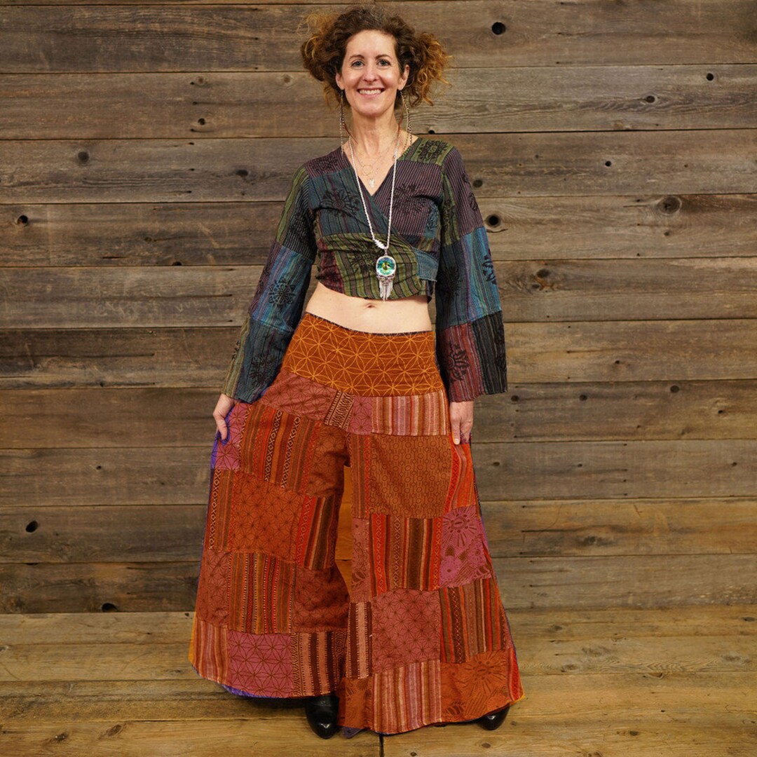 Boho Hippie Heavy Cotton Gherri Print Patchwork Super Wide Leg Pants W ...