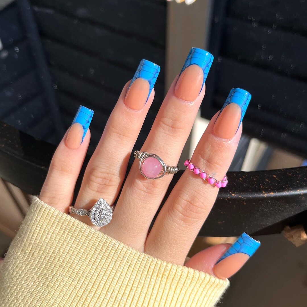 Blue Snake Skin French Tip Press on Nails - Etsy