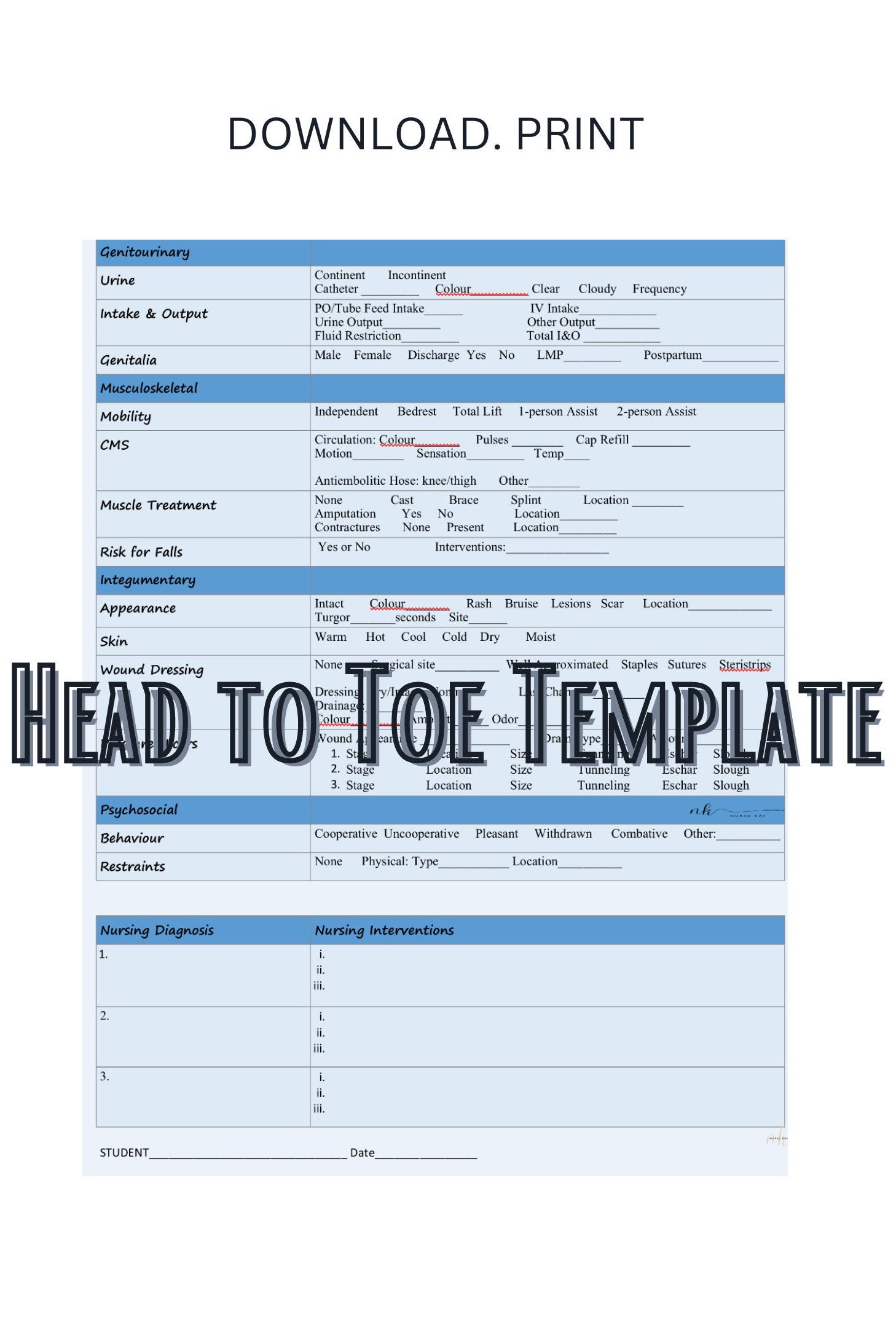 Head to Toe Assessment Template- Nursing Notes - Etsy