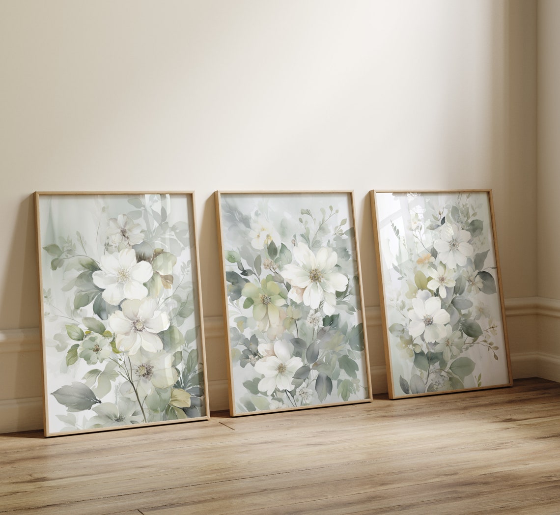 Sage Green Botanical, Triptych Wall Art, 3 Panel Wall Art, Neutral Tones Botanical, Set of Three ...