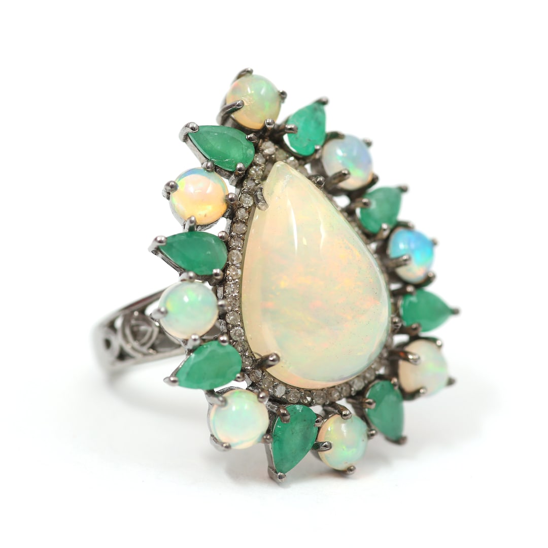 Sterling Diamond Opal Emerald Ring - Etsy