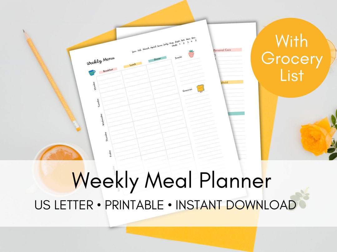 Meal Planner Printable With Grocery List, Weekly Meal Prep and Shopping ...