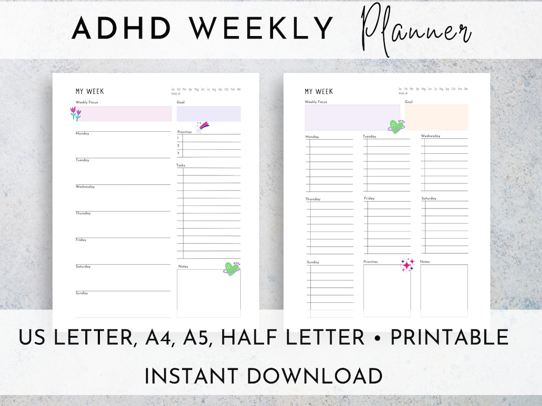 ADHD Weekly Planner Printable Organize and Plan Your Week at a Glance ...