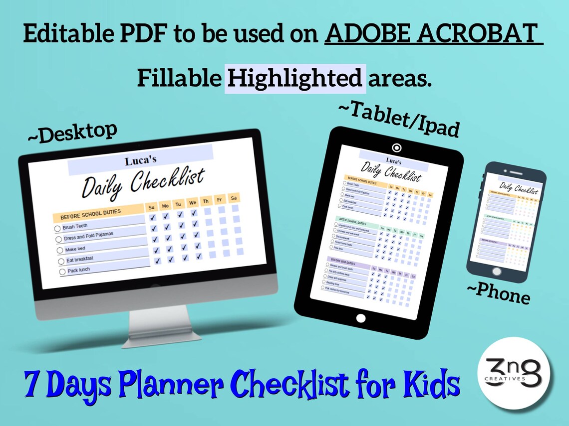 Editable Printable Planner for Kids Chores Daily Planner for 7 Days To ...