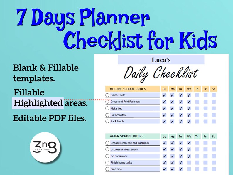 Editable Printable Planner for Kids Chores Daily Planner for 7 Days To ...