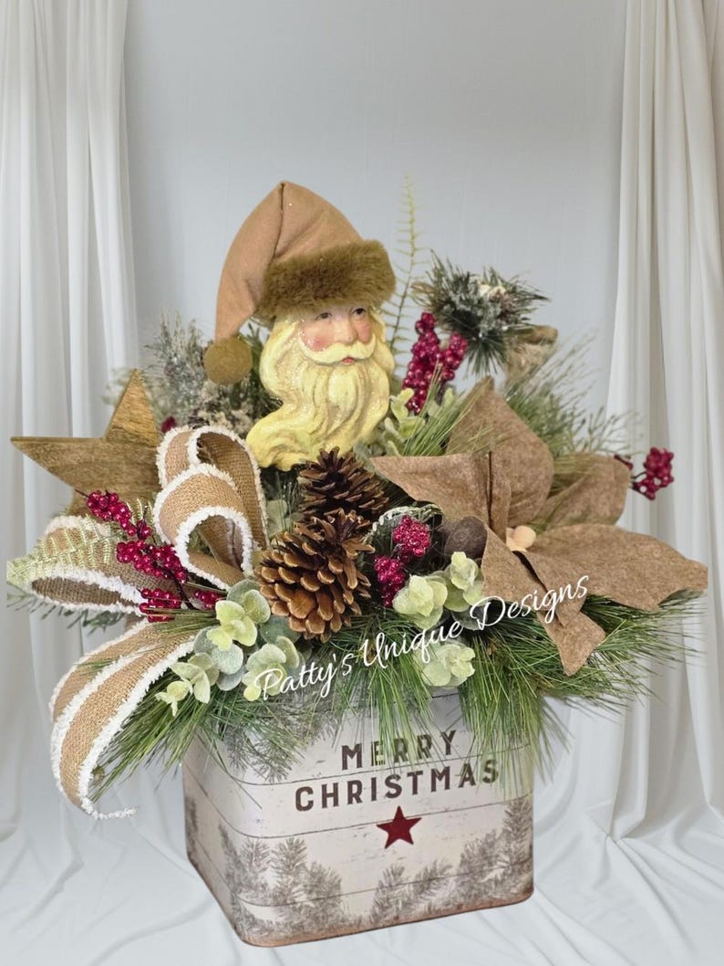 Rustic Santa Christmas Centerpiece: Farmhouse Floral Arrangement - Etsy