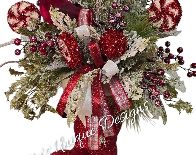 Glittered Santa Boot Christmas Arrangement With Peppermint Swirls ...