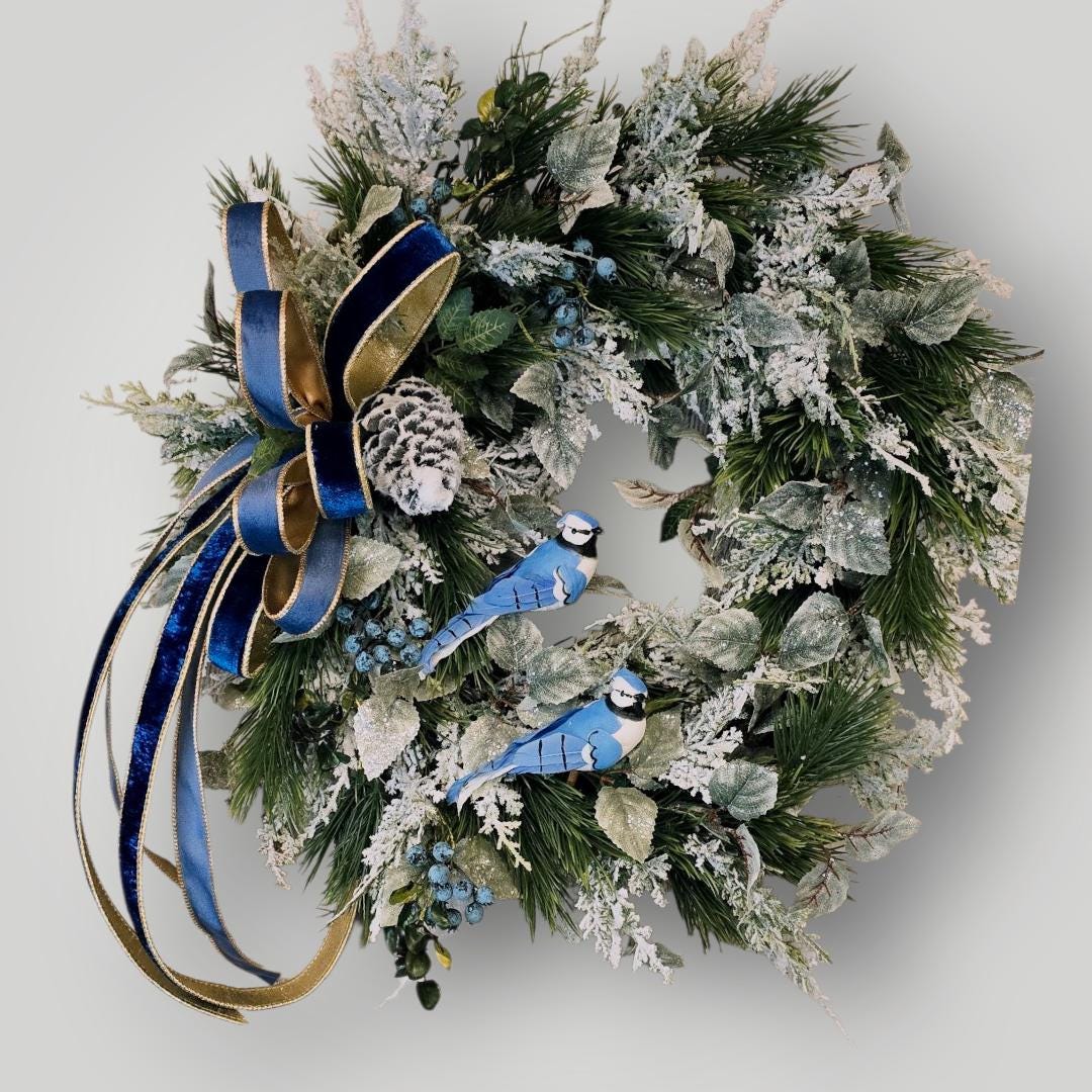 Blue Jay Winter Wreath, Frosted Pine, Velvet Bow Door Decor - Etsy