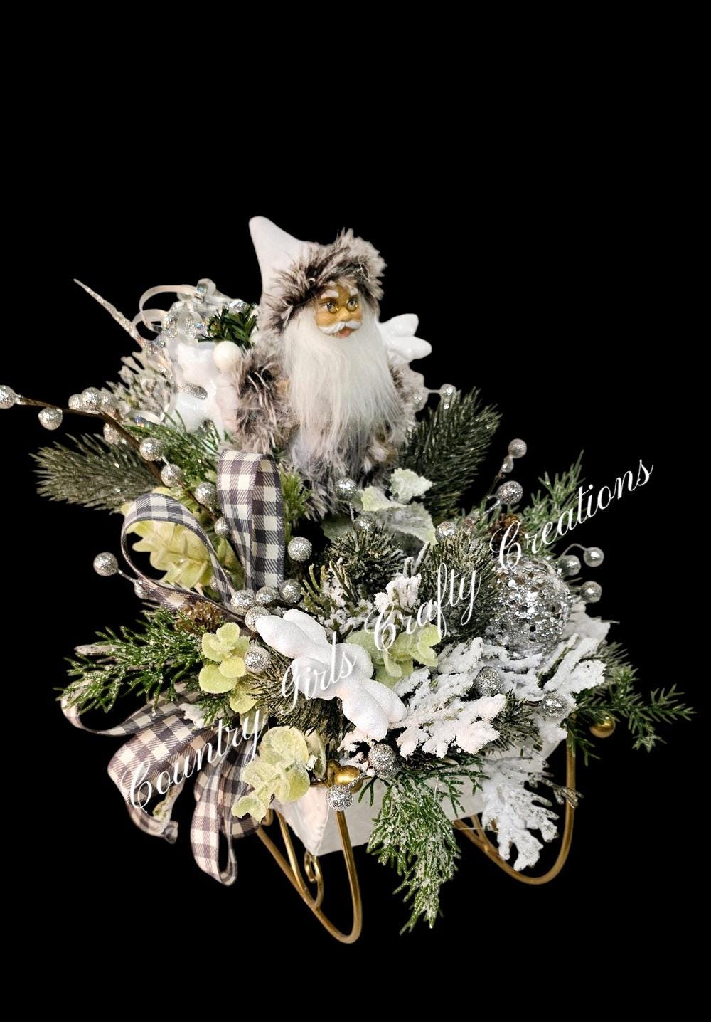 Frosted Green Santa Sleigh Centerpiece: Holiday Floral Arrangement - Etsy