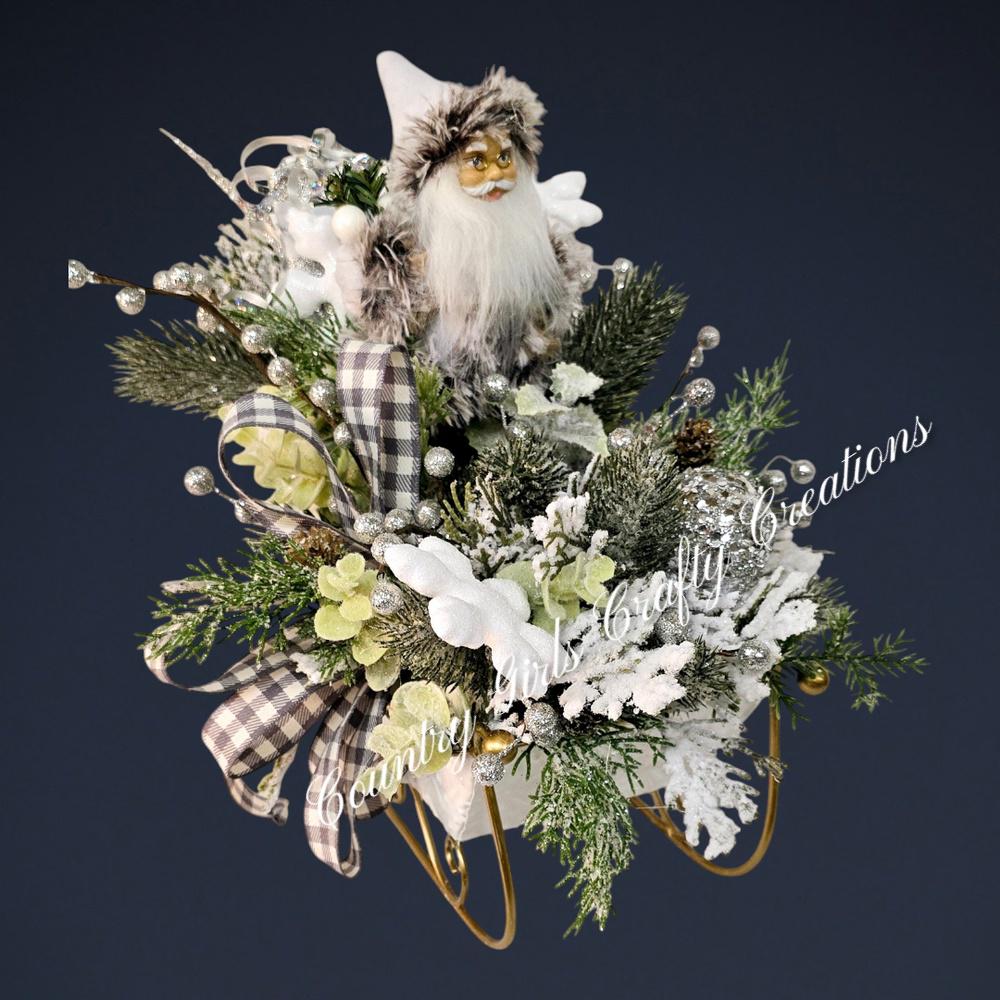 Frosted Green Santa Sleigh Centerpiece: Holiday Floral Arrangement - Etsy