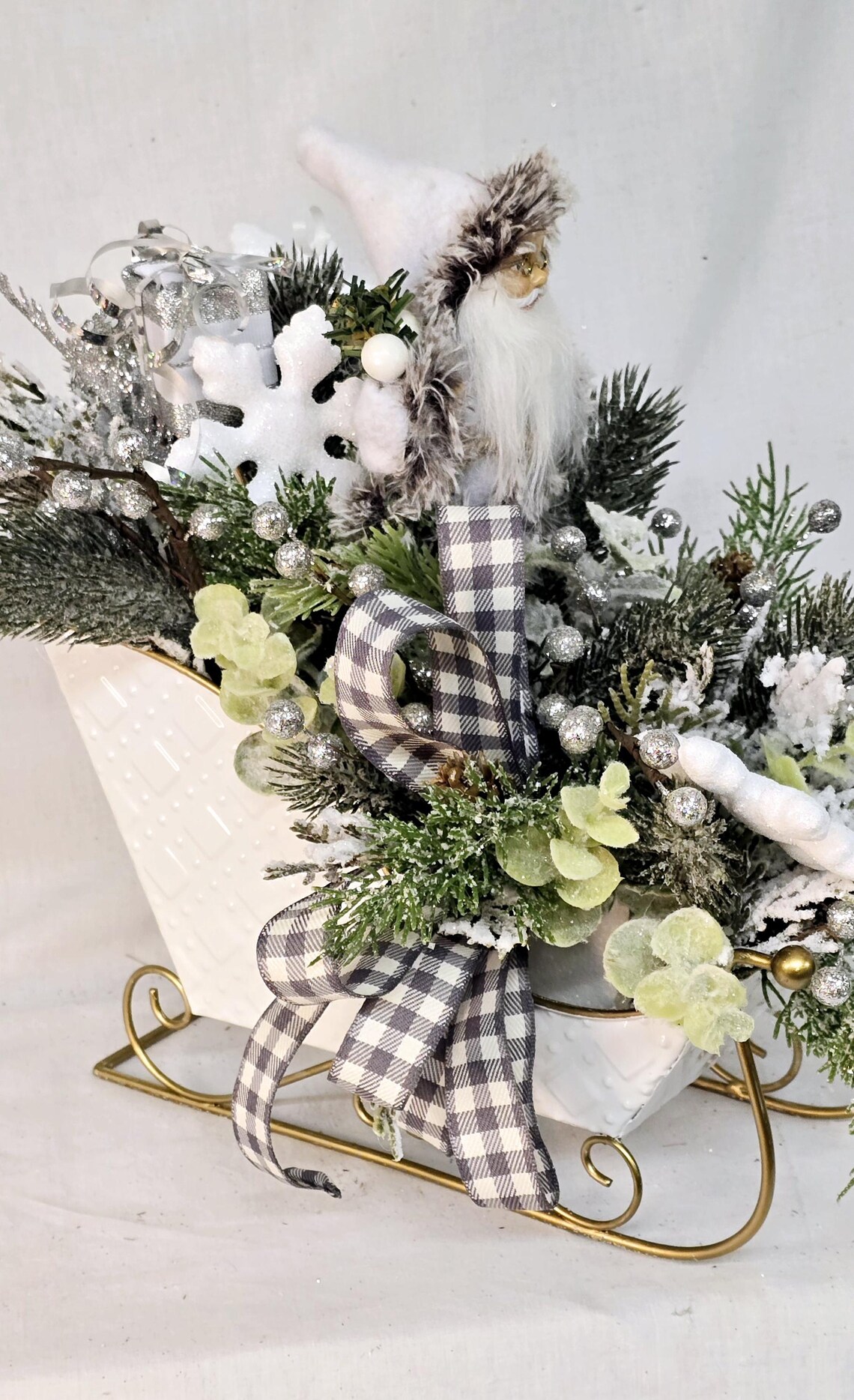 Frosted Green Santa Sleigh Centerpiece: Holiday Floral Arrangement - Etsy