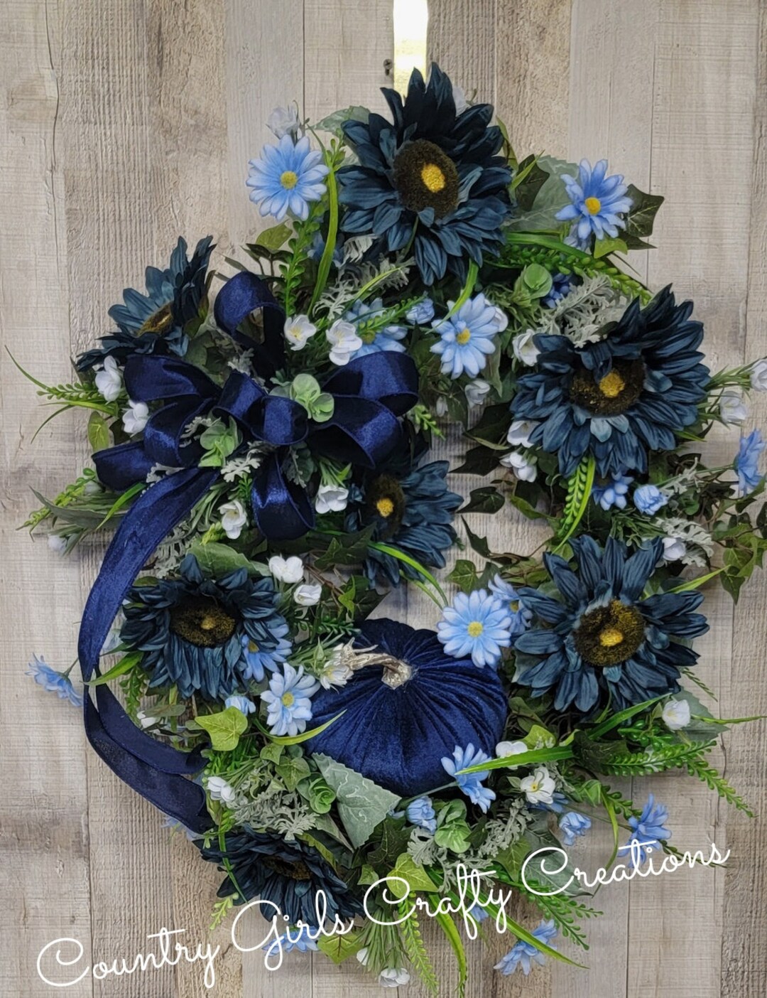 Elegant Navy and Light Blue Floral Wreath | Velvet Pumpkin & Sunflower ...