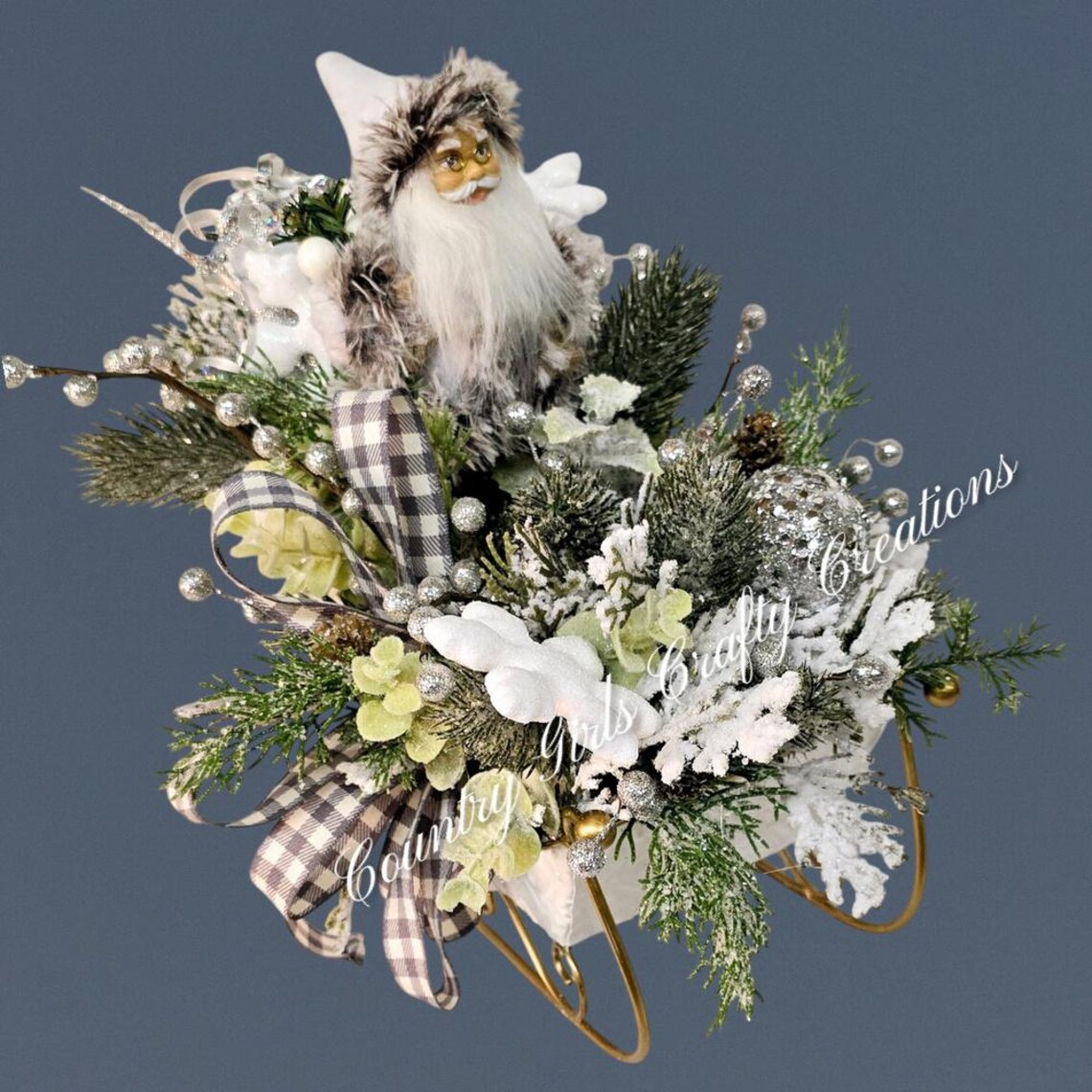 Frosted Green Santa Sleigh Centerpiece: Holiday Floral Arrangement - Etsy