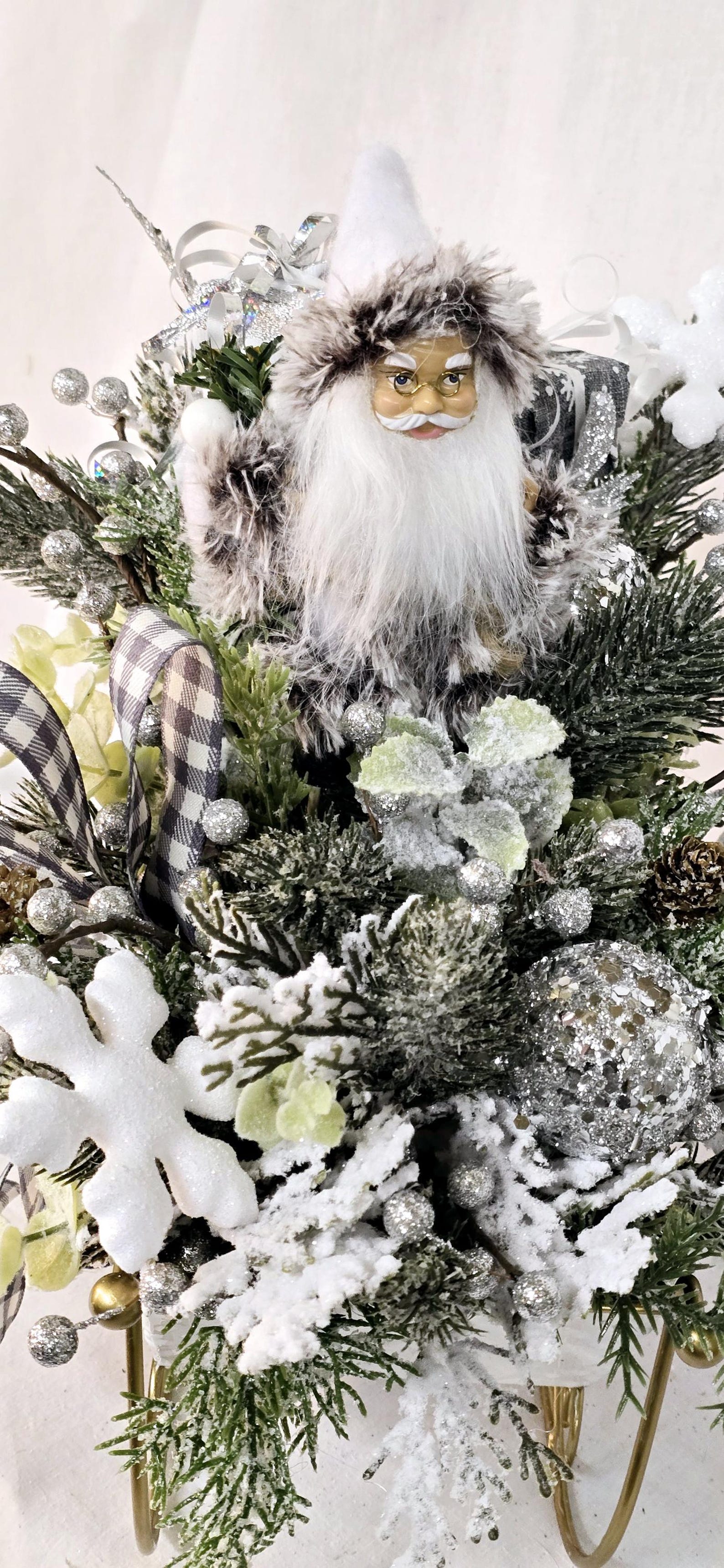 Frosted Green Santa Sleigh Centerpiece: Holiday Floral Arrangement - Etsy