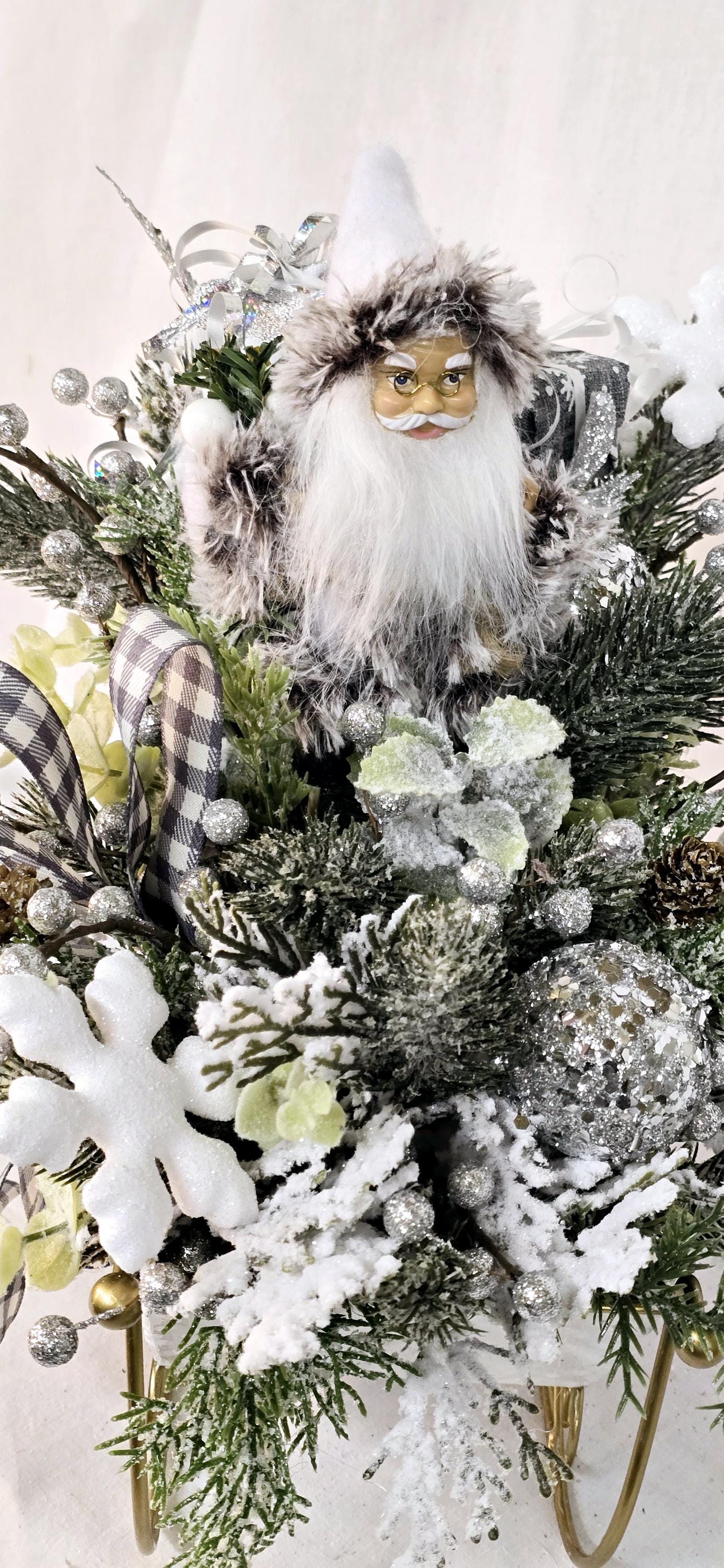 Frosted Green Santa Sleigh Centerpiece: Holiday Floral Arrangement - Etsy