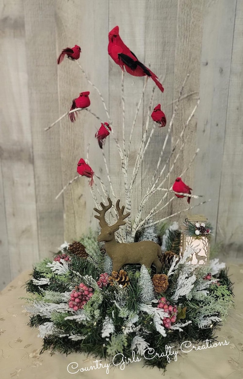 Woodland Cardinal Centerpiece: Rustic Deer & Golden Branches Holiday ...