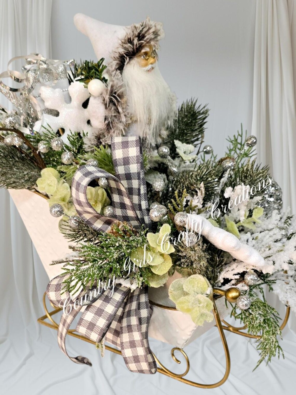 Frosted Green Santa Sleigh Centerpiece: Holiday Floral Arrangement - Etsy