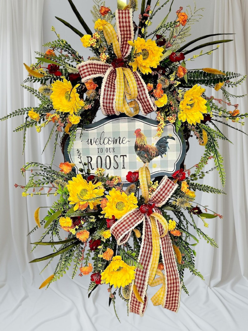 Welcome to Our Roost Rustic Farmhouse Wreath | Sunflower & Gingham Fall ...
