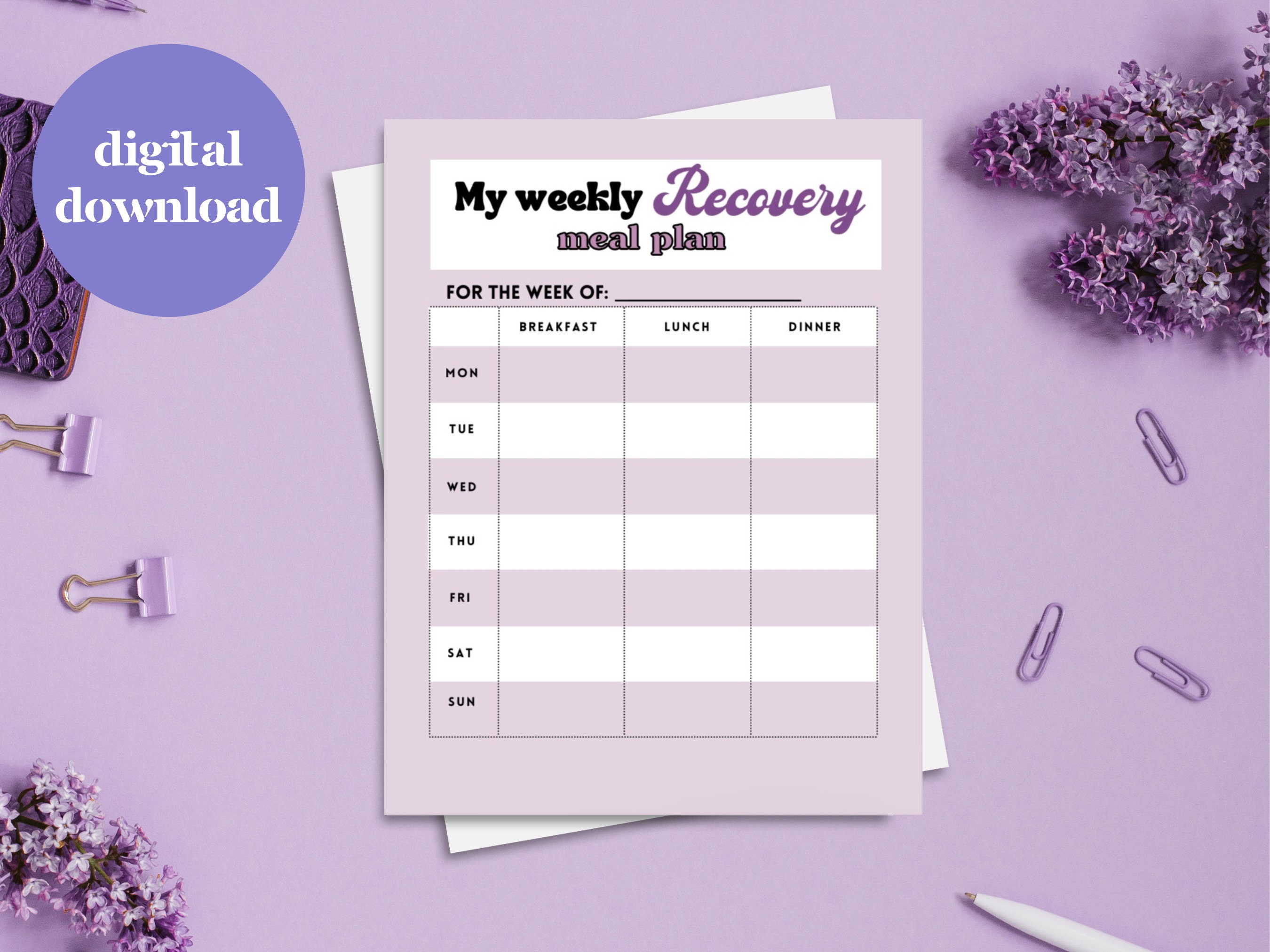 My Weekly Recovery Meal Plan Printable, Digital Download, Eating ...