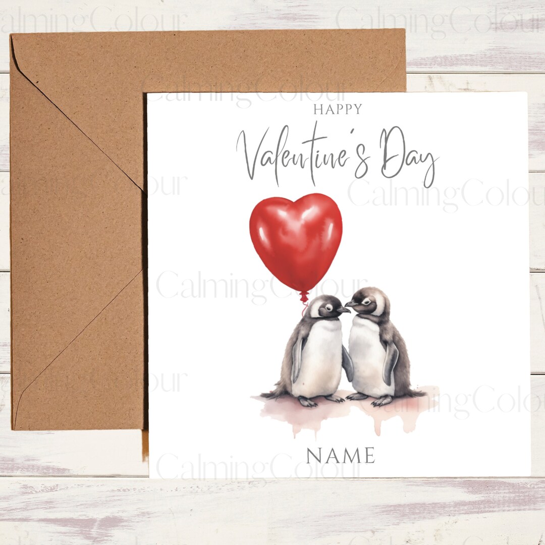 Personalised Penguin Valentine's Card Single Card, Blank on the Inside ...