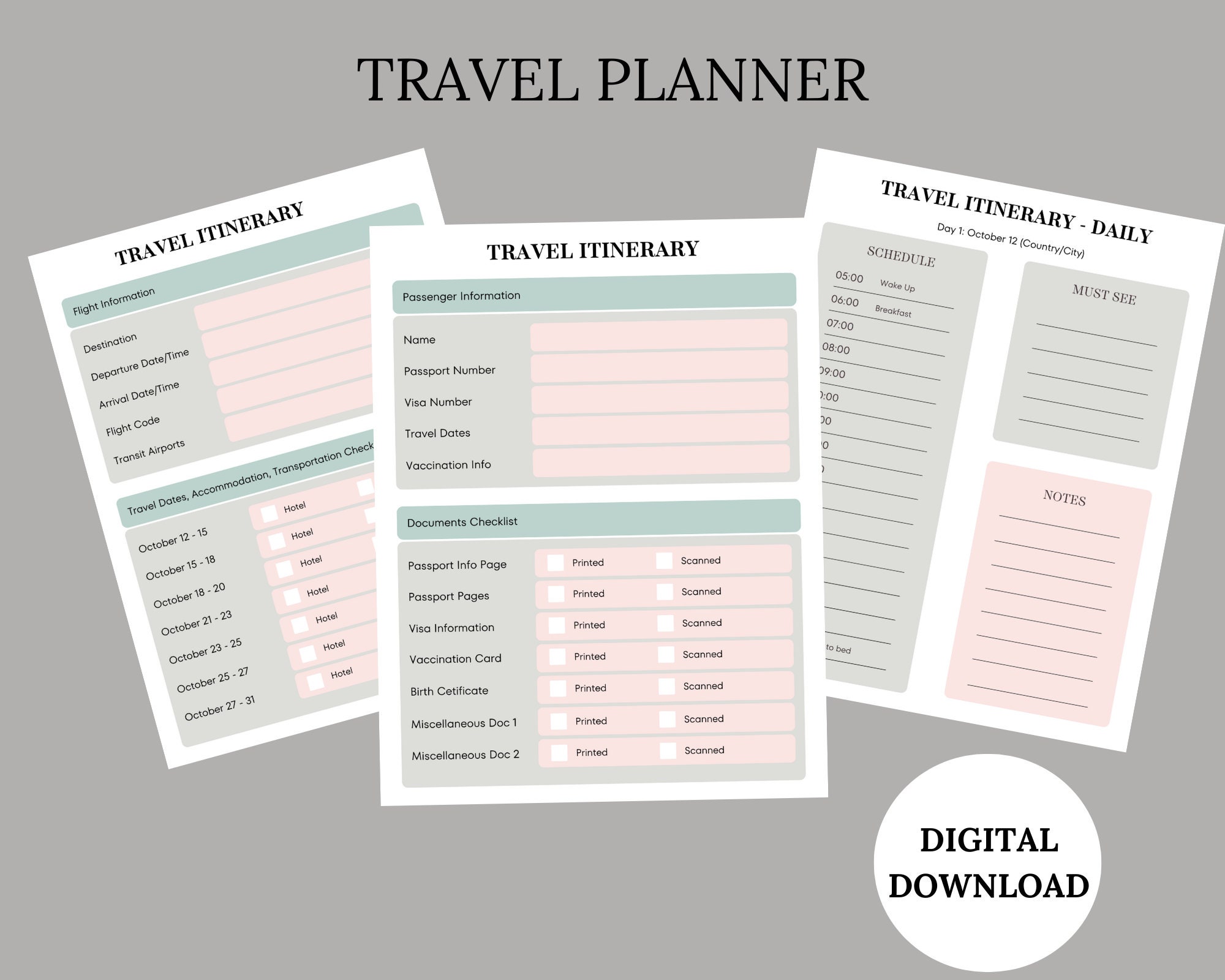 Travel Itinerary Template, Editable on Canva, Printable, Digital ...