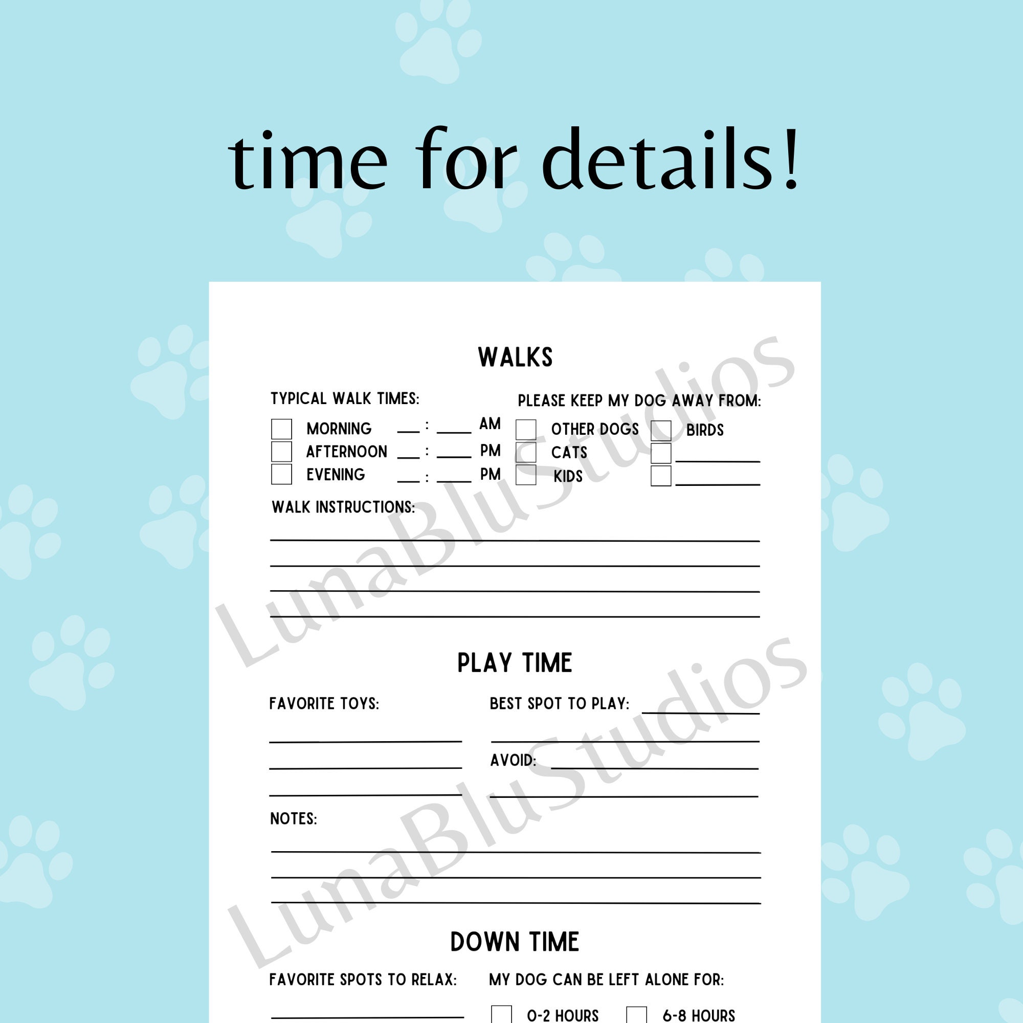 Printable Dog Care Guide for Pet Sitters | Dog Sitter Notes | Dog ...