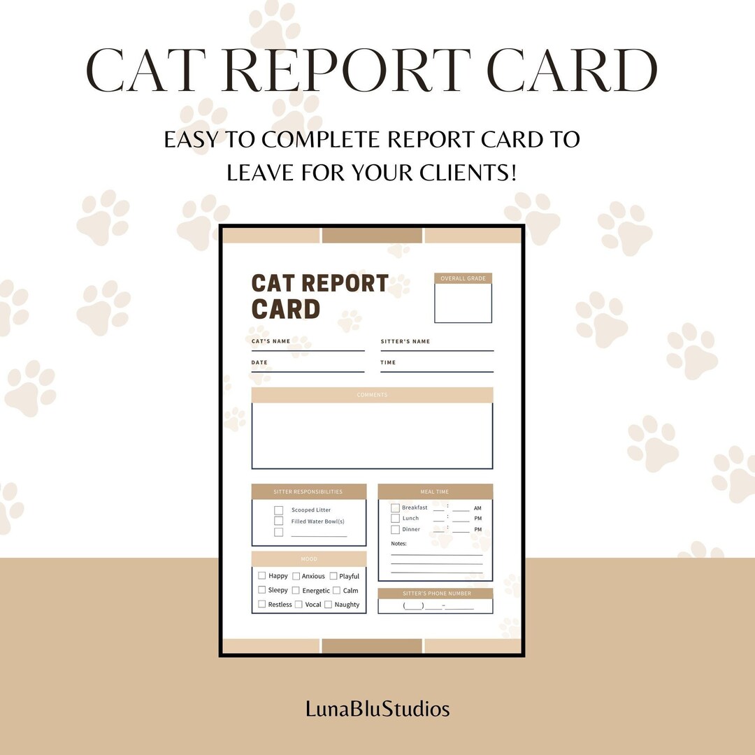 Cat Report Card Printable for Cat Sitters and Cat Boarders | Leave ...