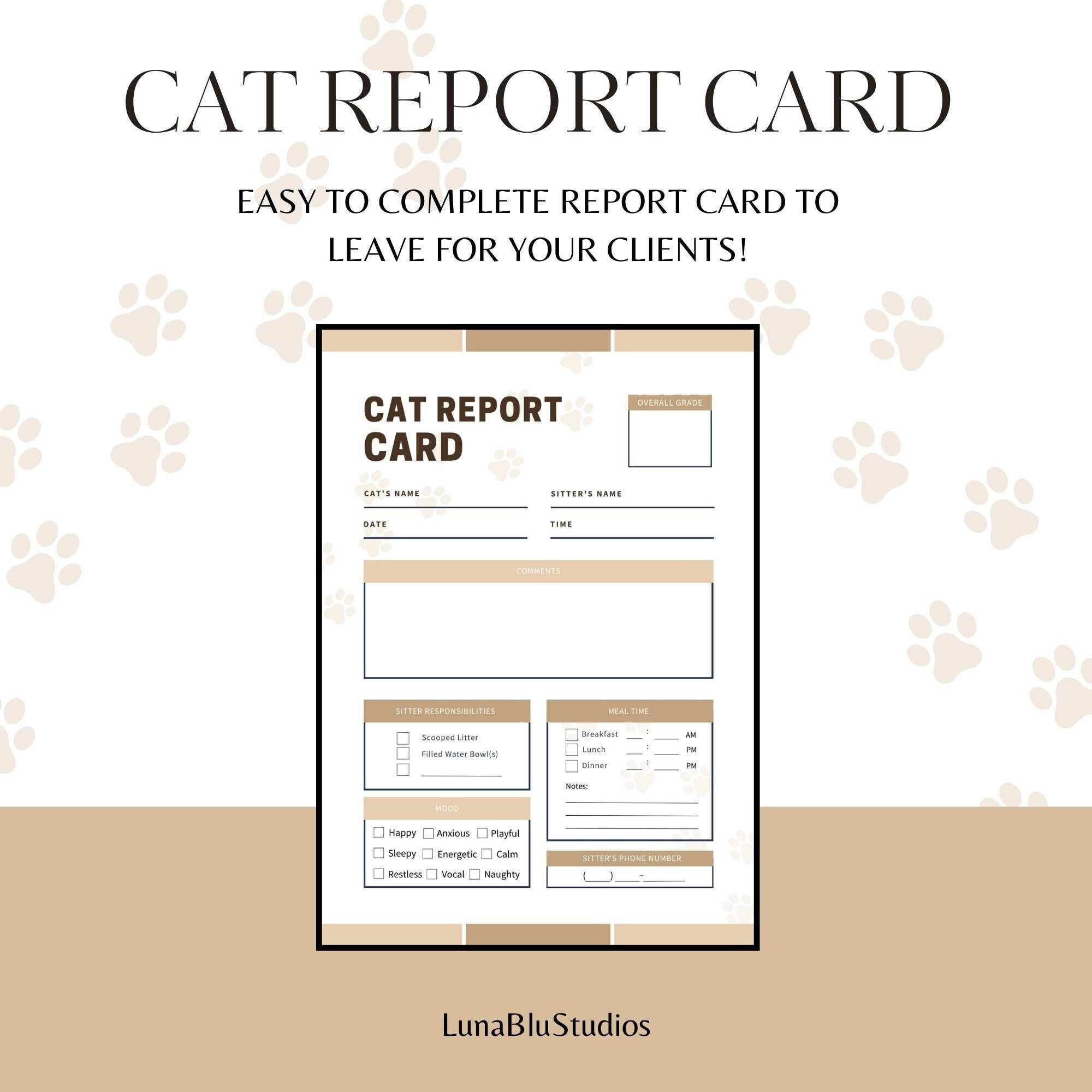 Cat Report Card Printable for Cat Sitters and Cat Boarders | Leave ...