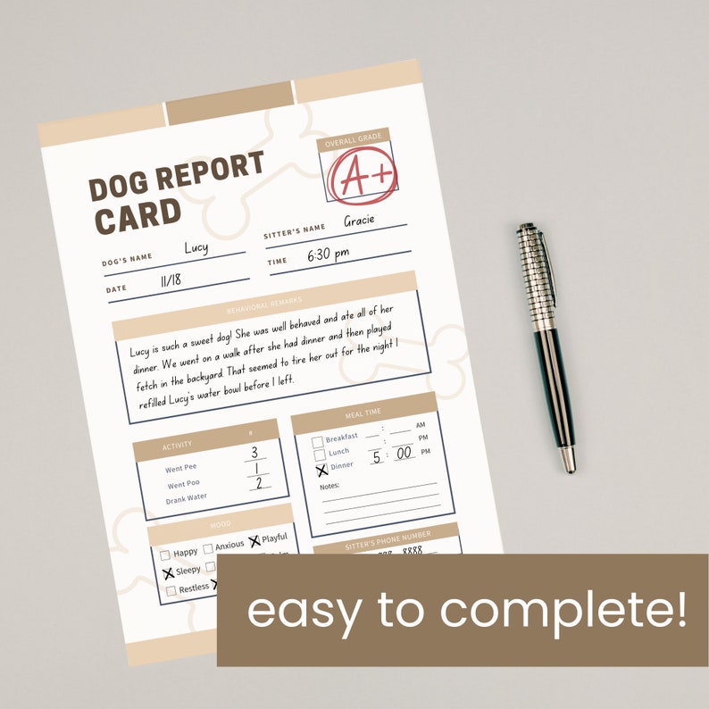 Dog Report Card Printable for Dog Sitters and Dog Boarders | Leave ...