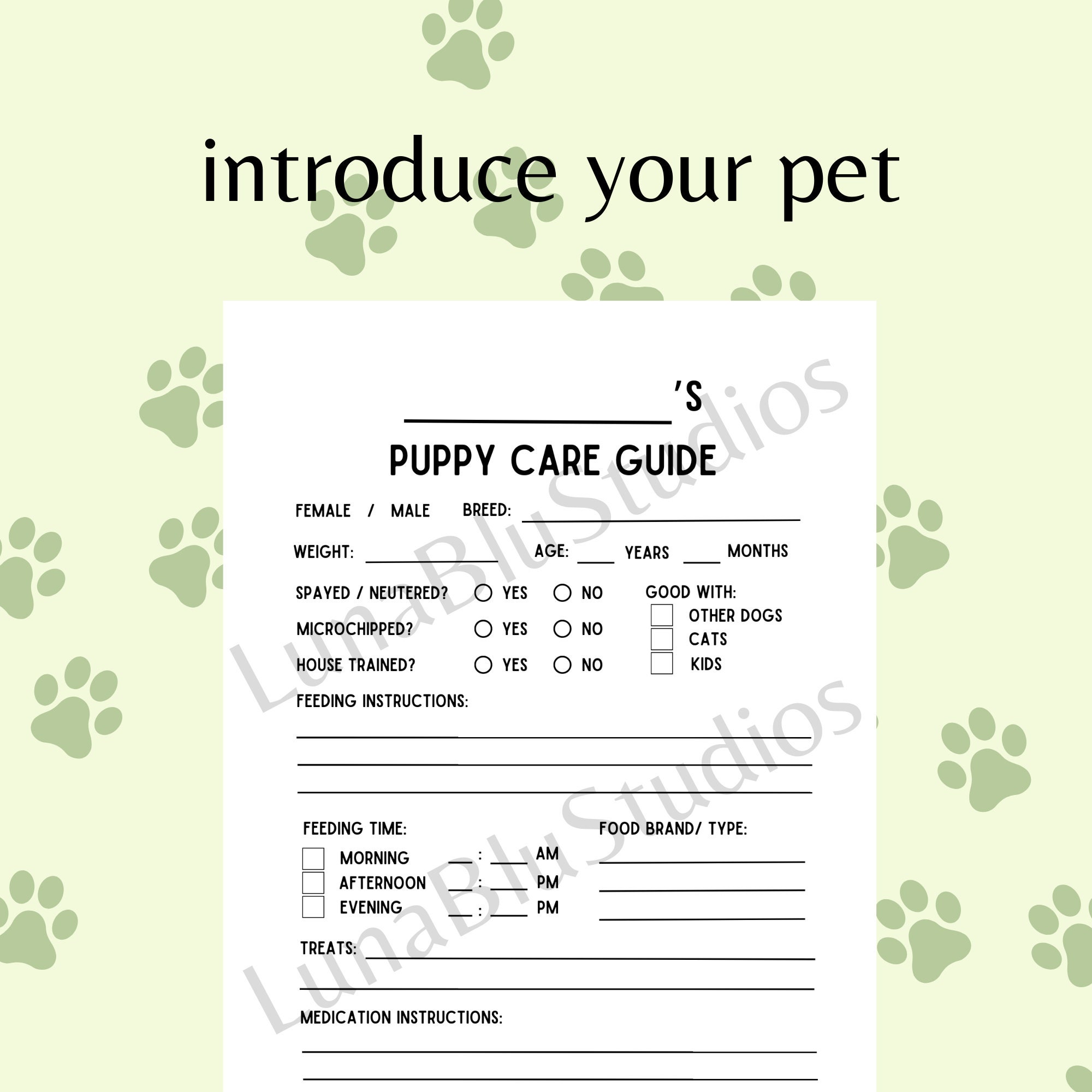 Printable Puppy Care Guide for Pet Sitters | Dog Sitter Notes | Dog ...