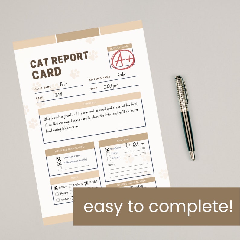Cat Report Card Printable for Cat Sitters and Cat Boarders | Leave ...