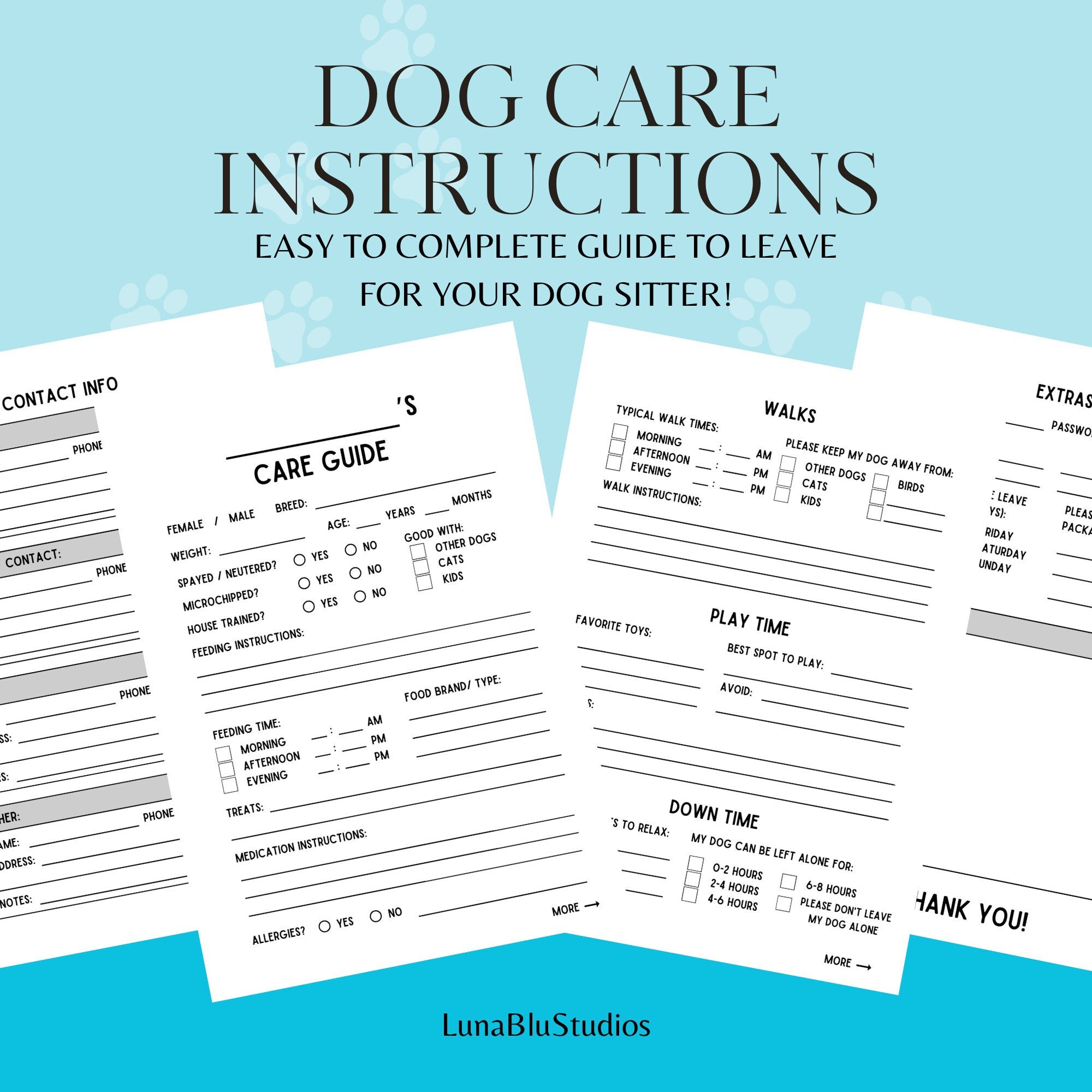 Printable Dog Care Guide for Pet Sitters | Dog Sitter Notes | Dog ...