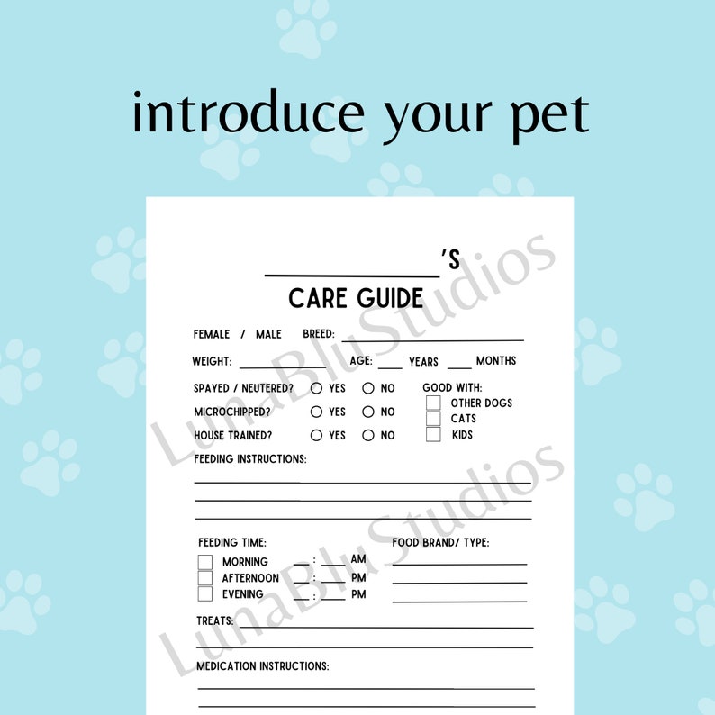 Printable Dog Care Guide for Pet Sitters | Dog Sitter Notes | Dog ...