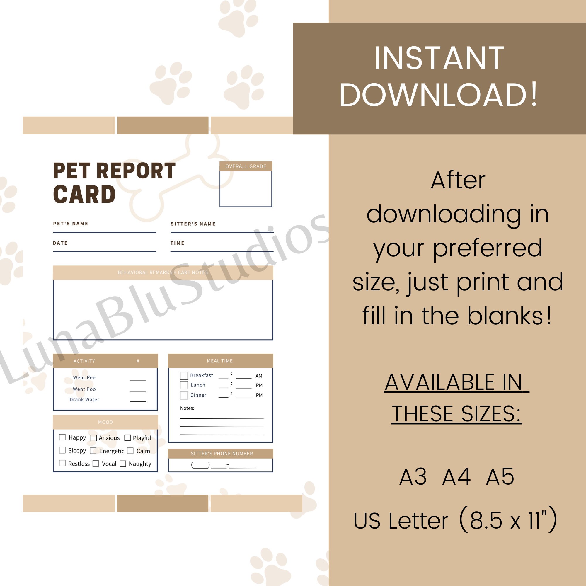 Pet Report Card Printable for Dog and Cat Sitters/ Boarders | Leave ...