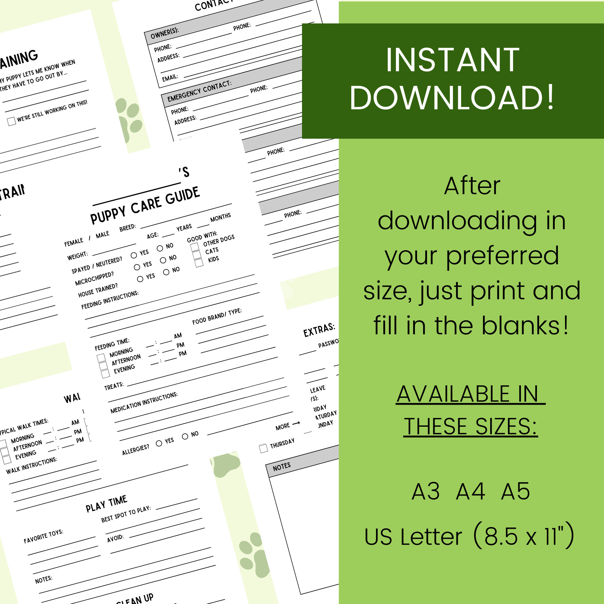 Printable Puppy Care Guide for Pet Sitters | Dog Sitter Notes | Dog ...