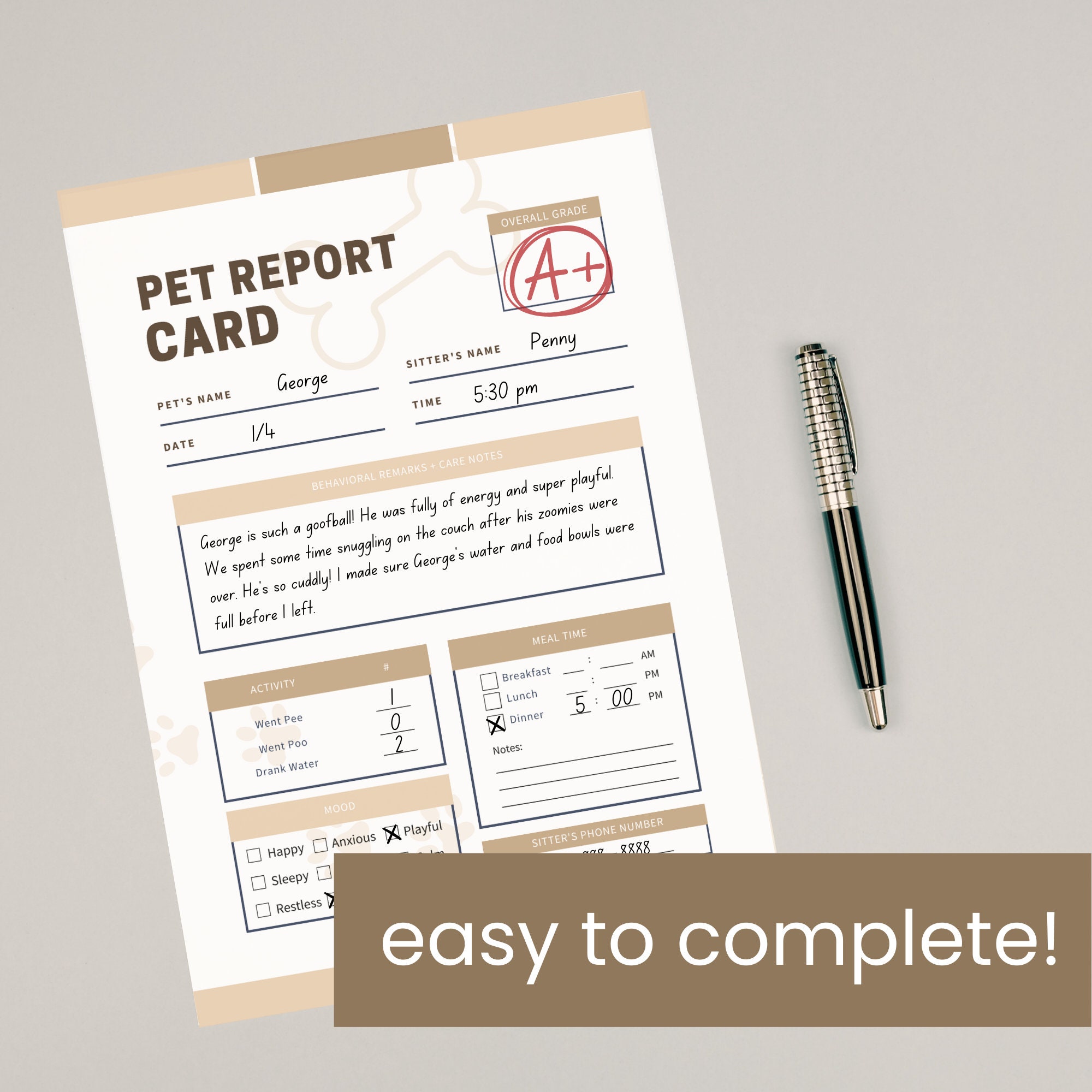 Pet Report Card Printable for Dog and Cat Sitters/ Boarders | Leave ...