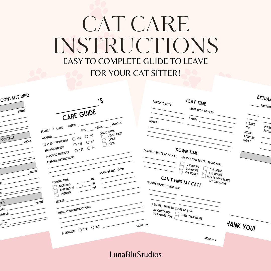 Printable Cat Care Guide for Pet Sitters | Cat Sitter Notes | Cat ...