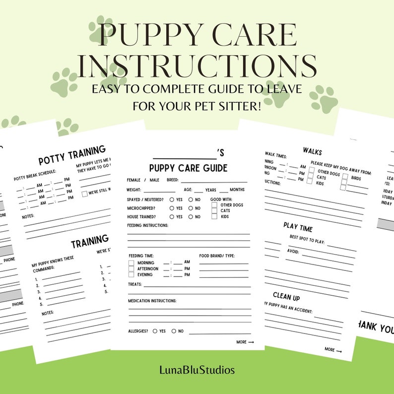 Printable Puppy Care Guide for Pet Sitters | Dog Sitter Notes | Dog ...
