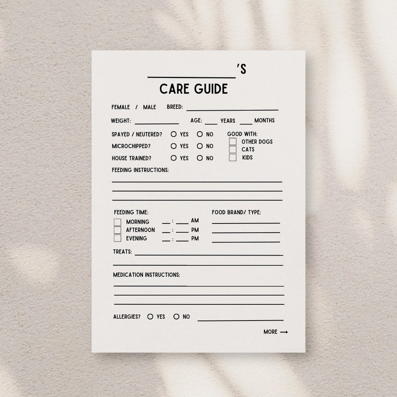 Printable Dog Care Guide for Pet Sitters | Dog Sitter Notes | Dog ...