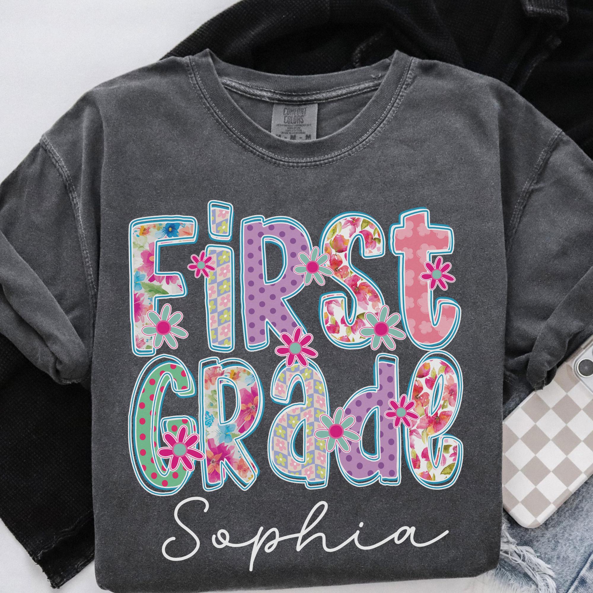 Custom Kids Name Back to School First Grade Shirt, Personalized Preppy ...