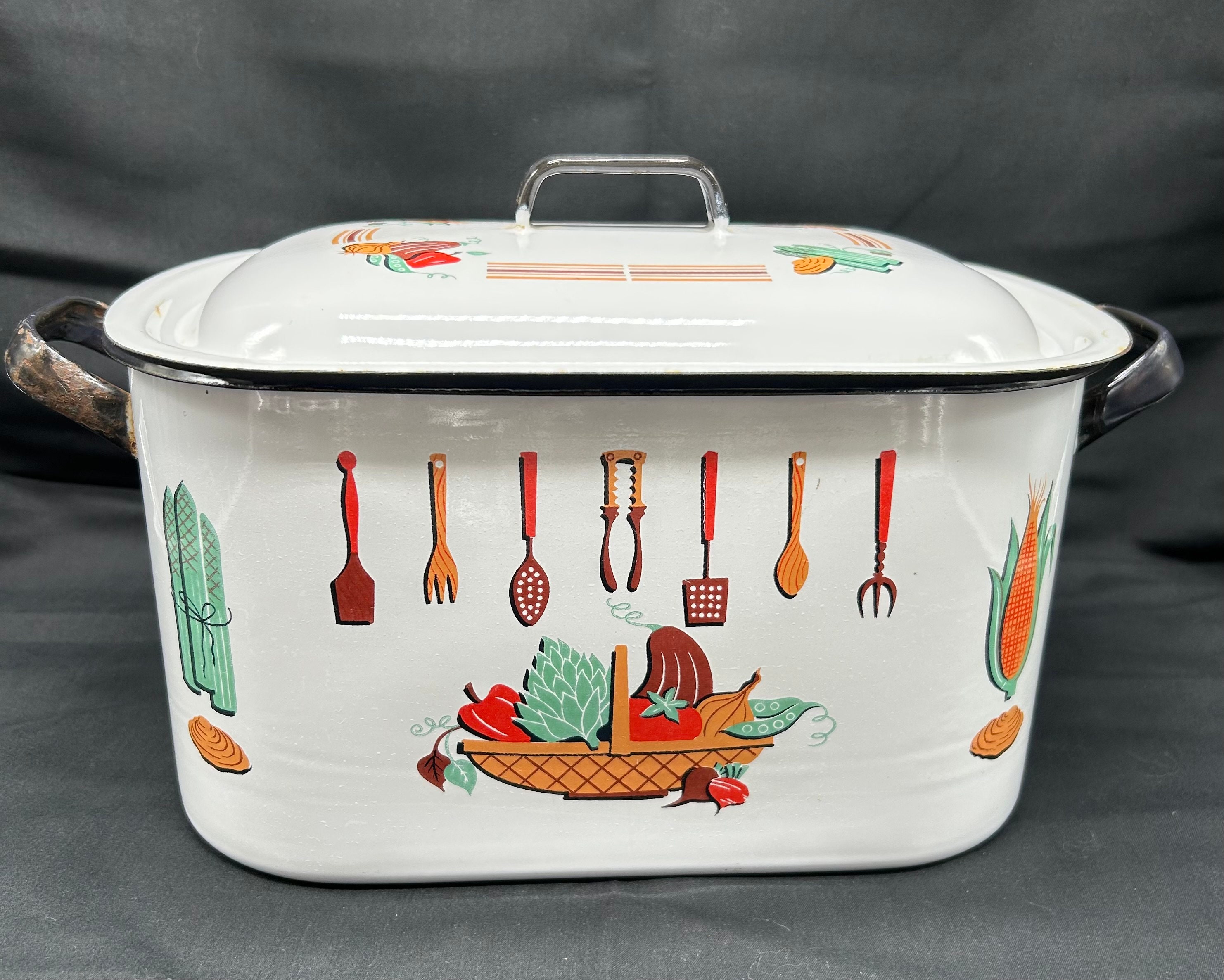 Vintage Enamelware Roasting Pan With Lid and Rack in Vegetable Pattern ...