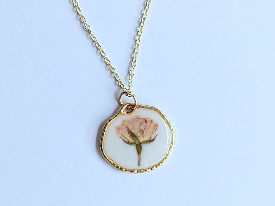 Real Pressed Rose Necklace Dried Flower Pendant 14k Gold OR Silver ...
