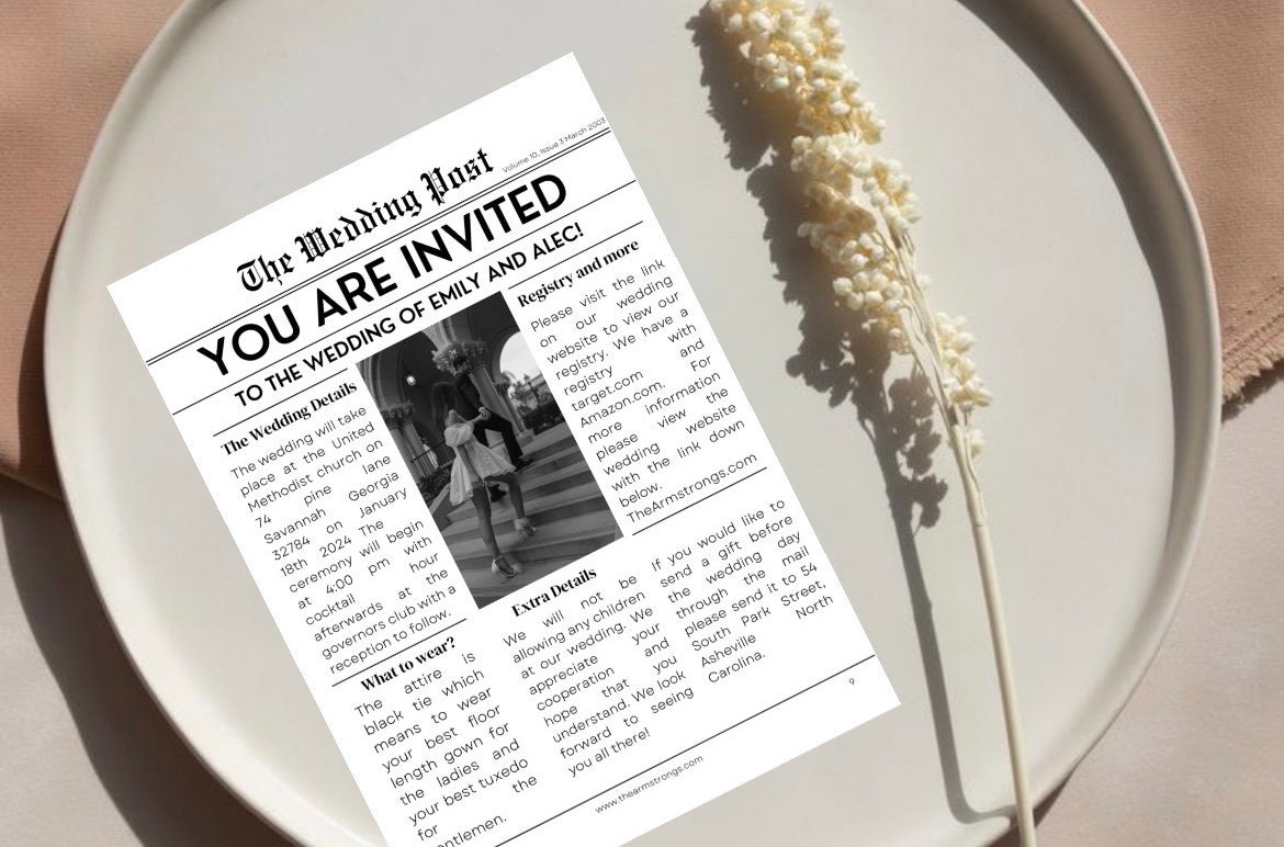 Newspaper Wedding Invitations, Newspaper Wedding Invite Template, Fully ...