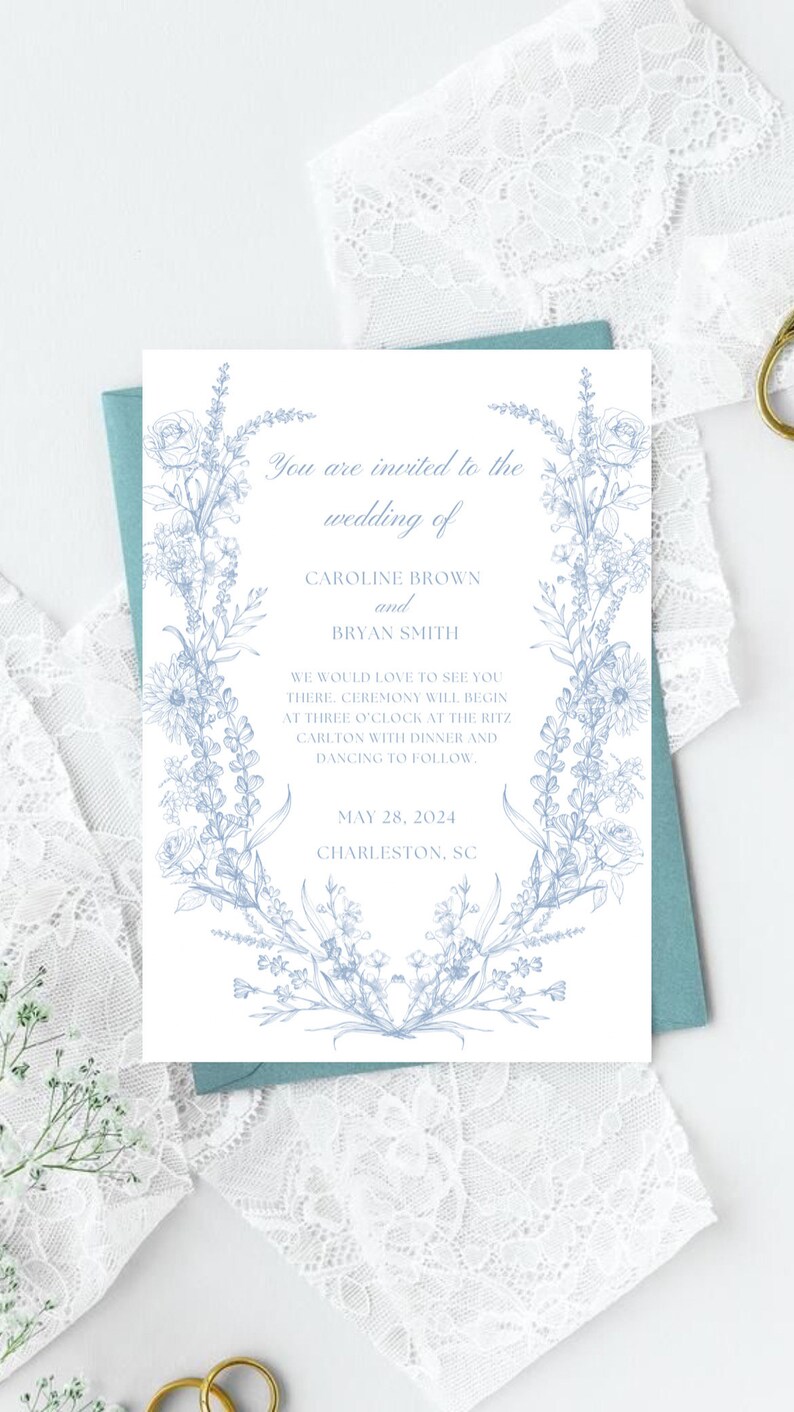 Dusty Blue Floral Wedding Invitations, Light Blue Elegant Wedding ...