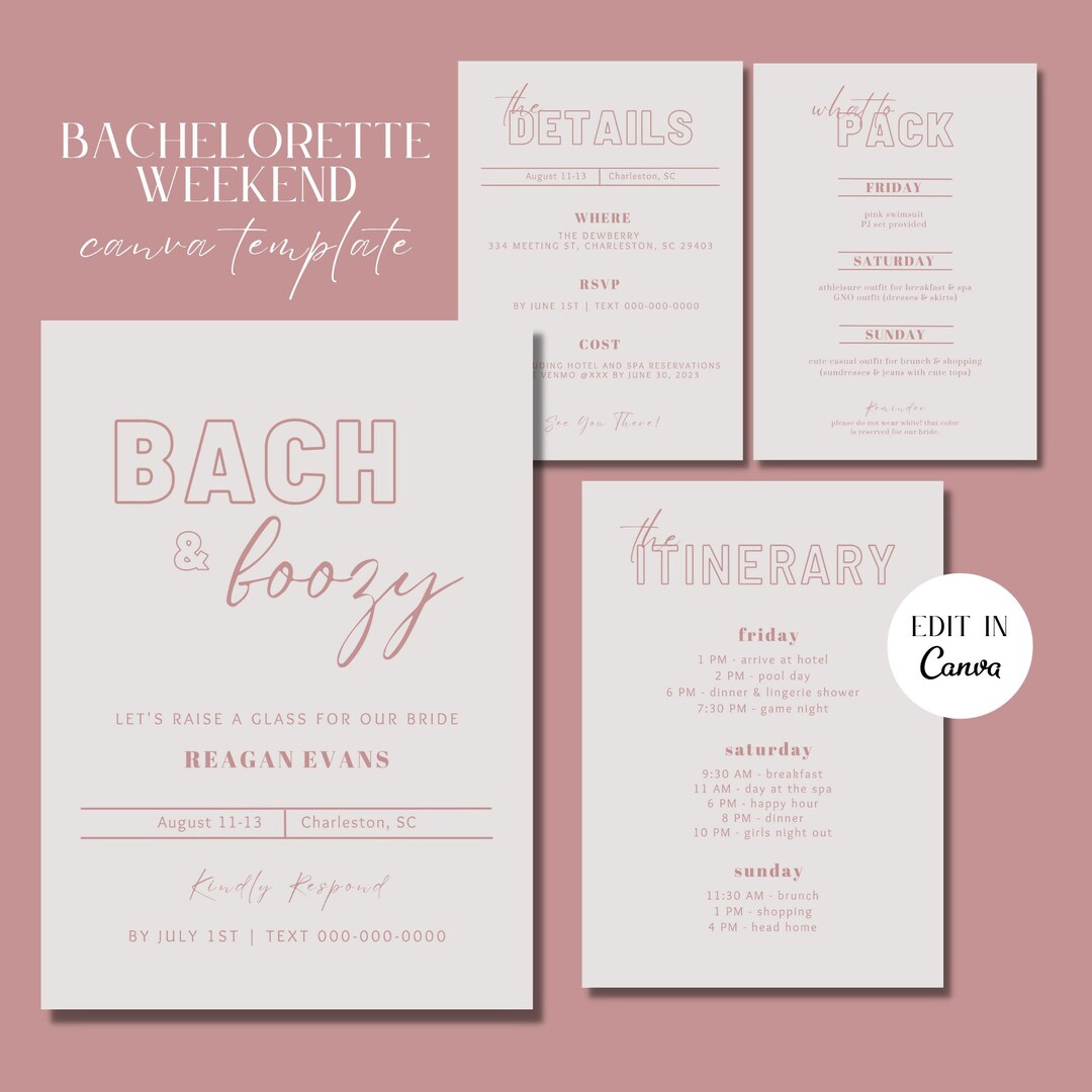 Bach & Boozy Full Bachelorette Weekend Template Set | Customize and ...