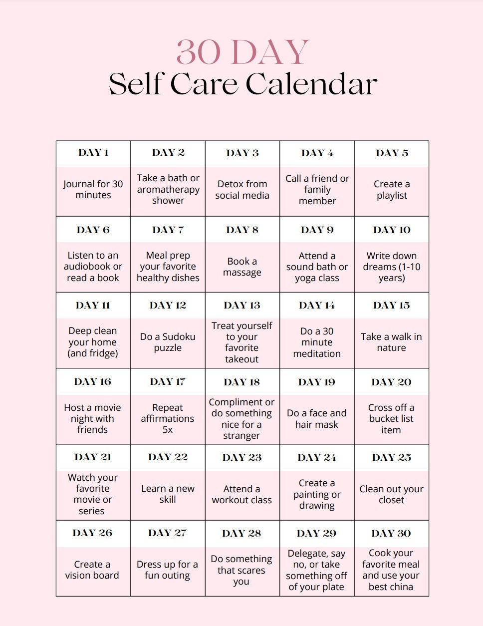 30 Day Self Care Calendar - Etsy