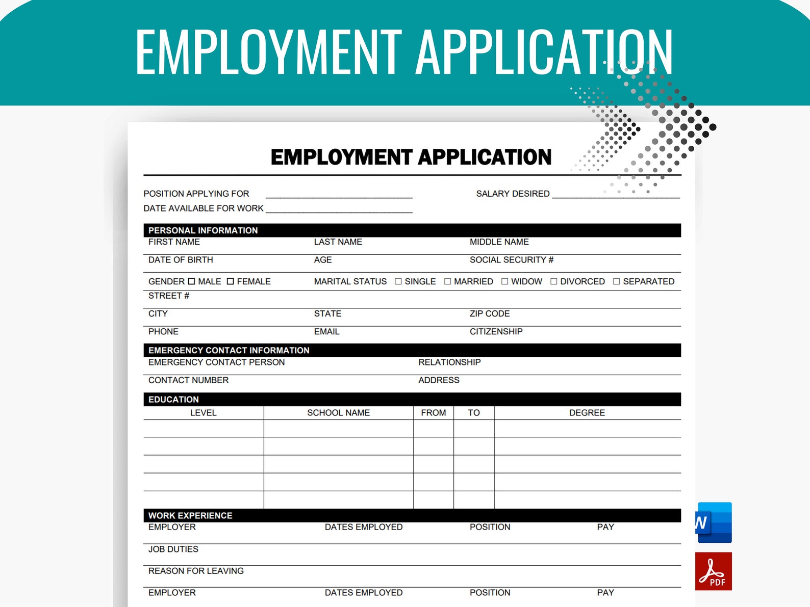 Job Application for Employment Form, Employment Application, Printable ...