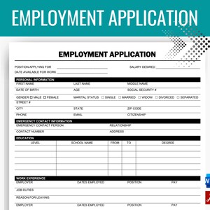 Job Application for Employment Form, Employment Application, Printable ...